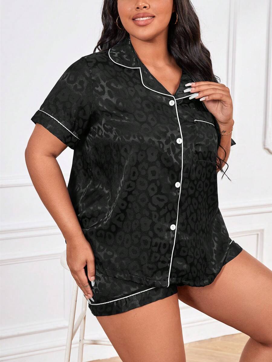 Plus Leopard Jacquard Contrast Piping Satin PJ Set / Pajama Set, Vacation | SHEIN USA