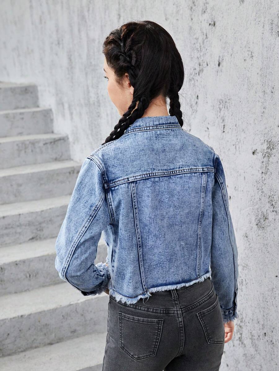 Teen Girls Ripped Raw Hem Crop Denim Jacket | SHEIN USA