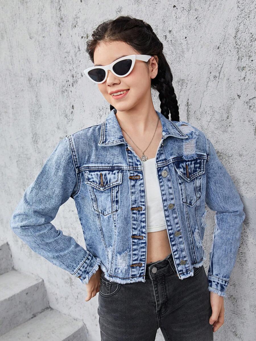 Teen Girls Ripped Raw Hem Crop Denim Jacket | SHEIN USA