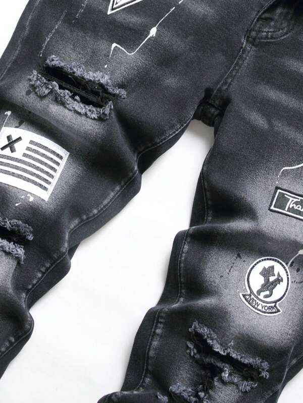 Manfinity EMRG Men Cotton Splash Ink Print Ripped Frayed Jeans | SHEIN USA