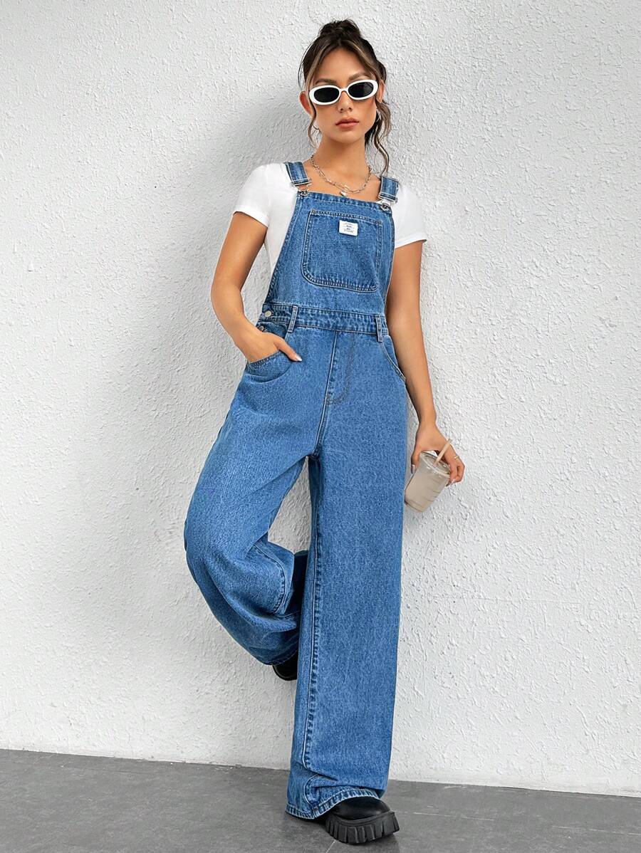 SHEIN EZwear Casual Tekst Denim overall Knoop Patched Zak | SHEIN Nederland