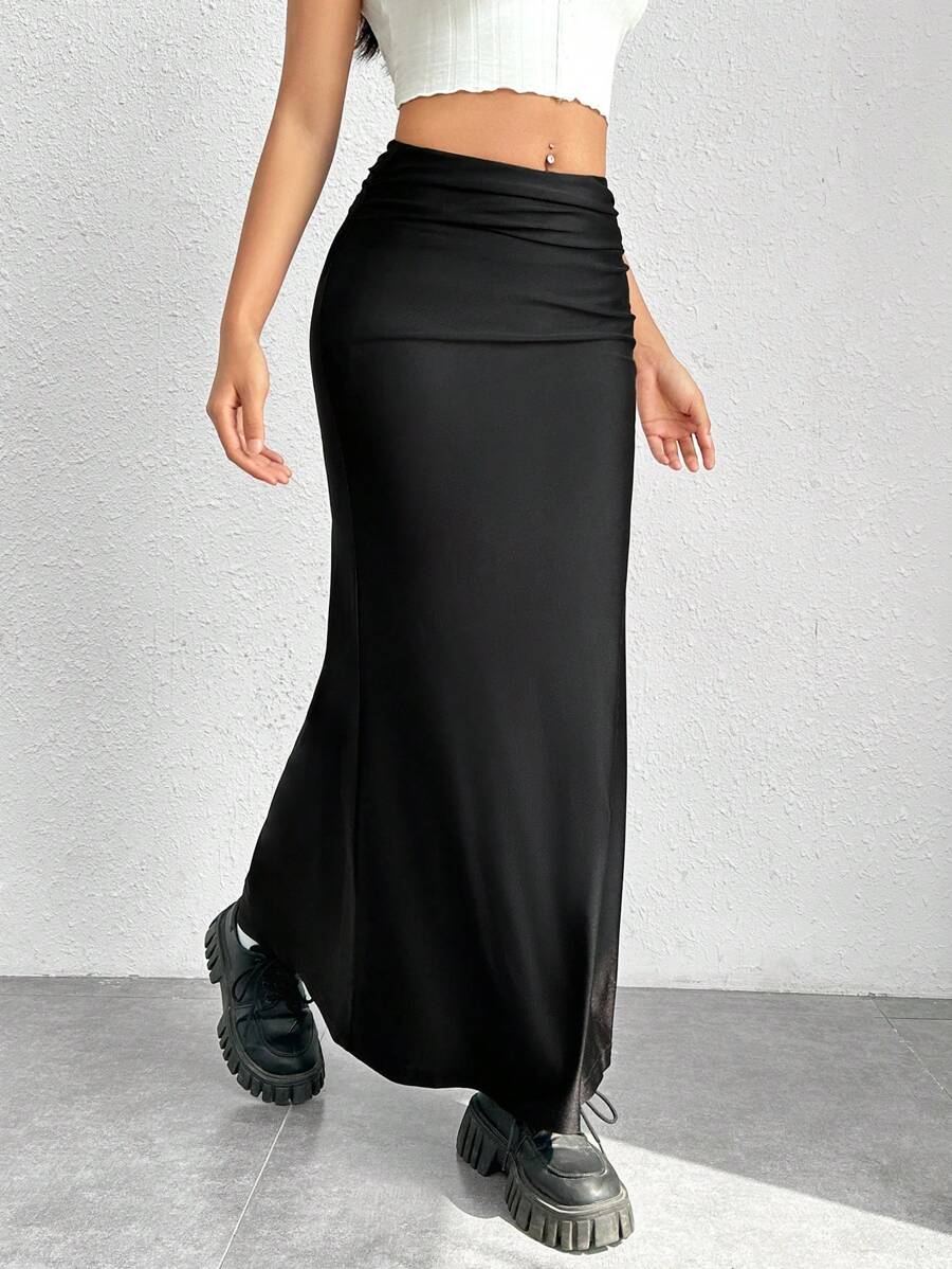 SHEIN EZwear Solid Ruched Mermaid Hem Skirt-Black,Ladies Elegant Ruched ...