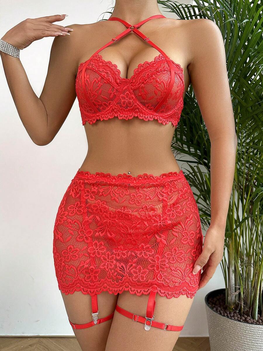 Classic Sexy Floral Lace Underwire Garter Lingerie Set With 1pair Leg
