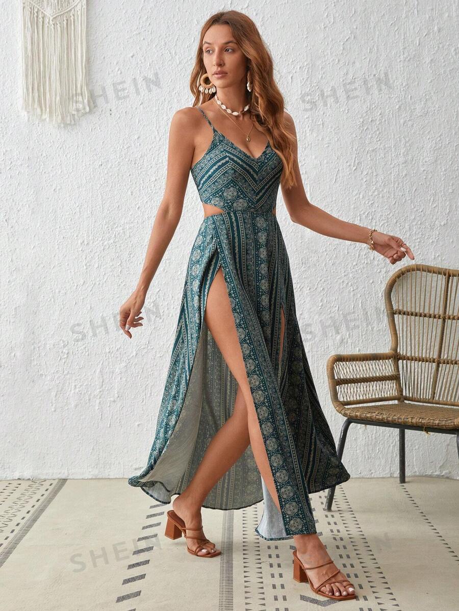 SHEIN VCAY Paisley Print Cut Out Split Thigh Cami Dress | SHEIN USA