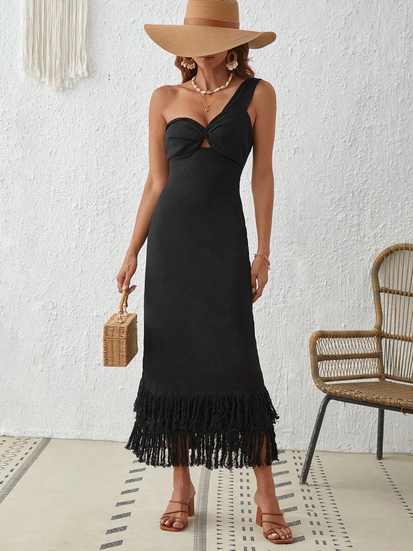 SHEIN VCAY One Shoulder Twist Front Fringe Hem Dress | SHEIN USA