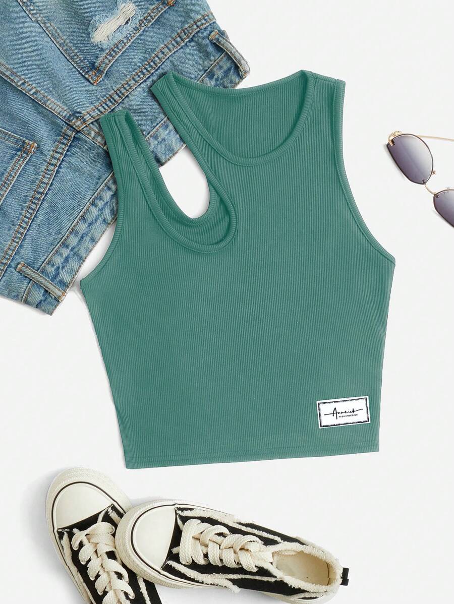 Mulvari Letter Patched Detail Cut Out Tank Top | SHEIN USA