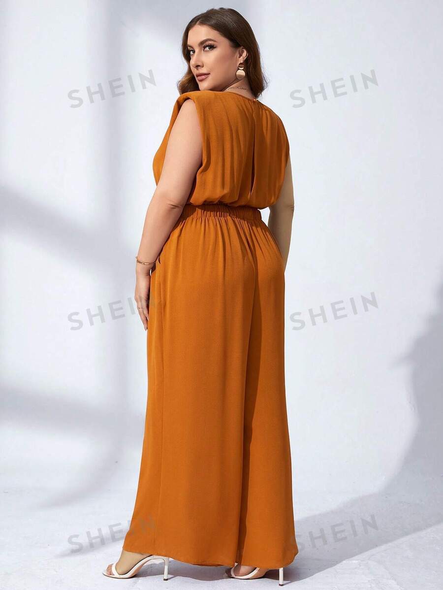 Shein Clasi Plus Solid Shoulder Pad Wide Leg Jumpsuit Shein Usa