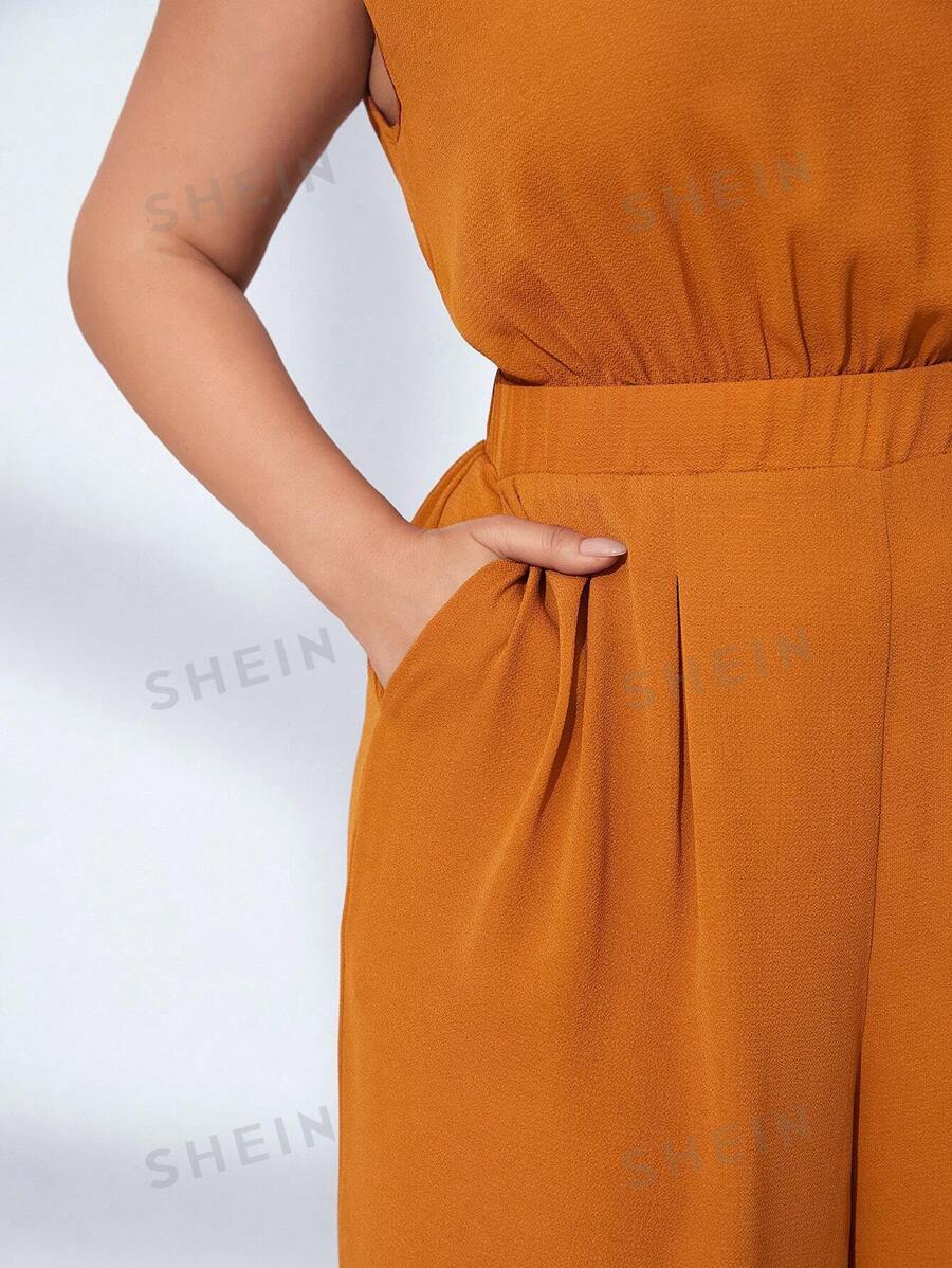 Shein Clasi Plus Solid Shoulder Pad Wide Leg Jumpsuit Shein Usa