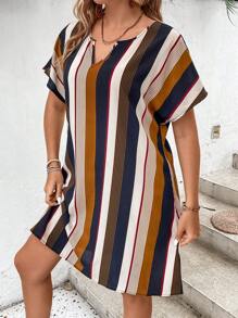 EMERY ROSE Plus Striped Print Notched Neckline Batwing Sleeve Dress, Summer | SHEIN USA