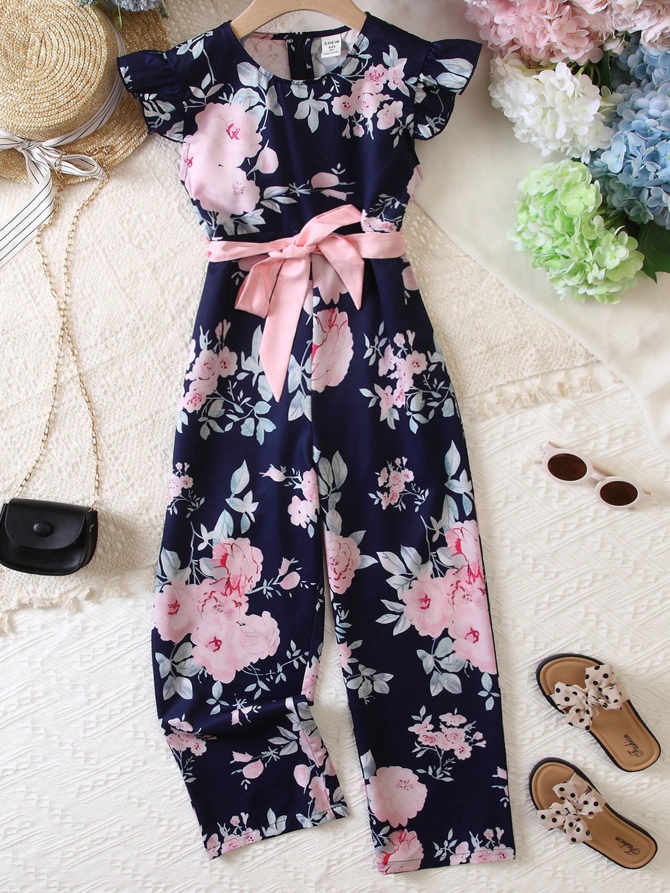 Shein Girls Floral Print Ruffle Trim Belted Jumpsuit Shein Singapore