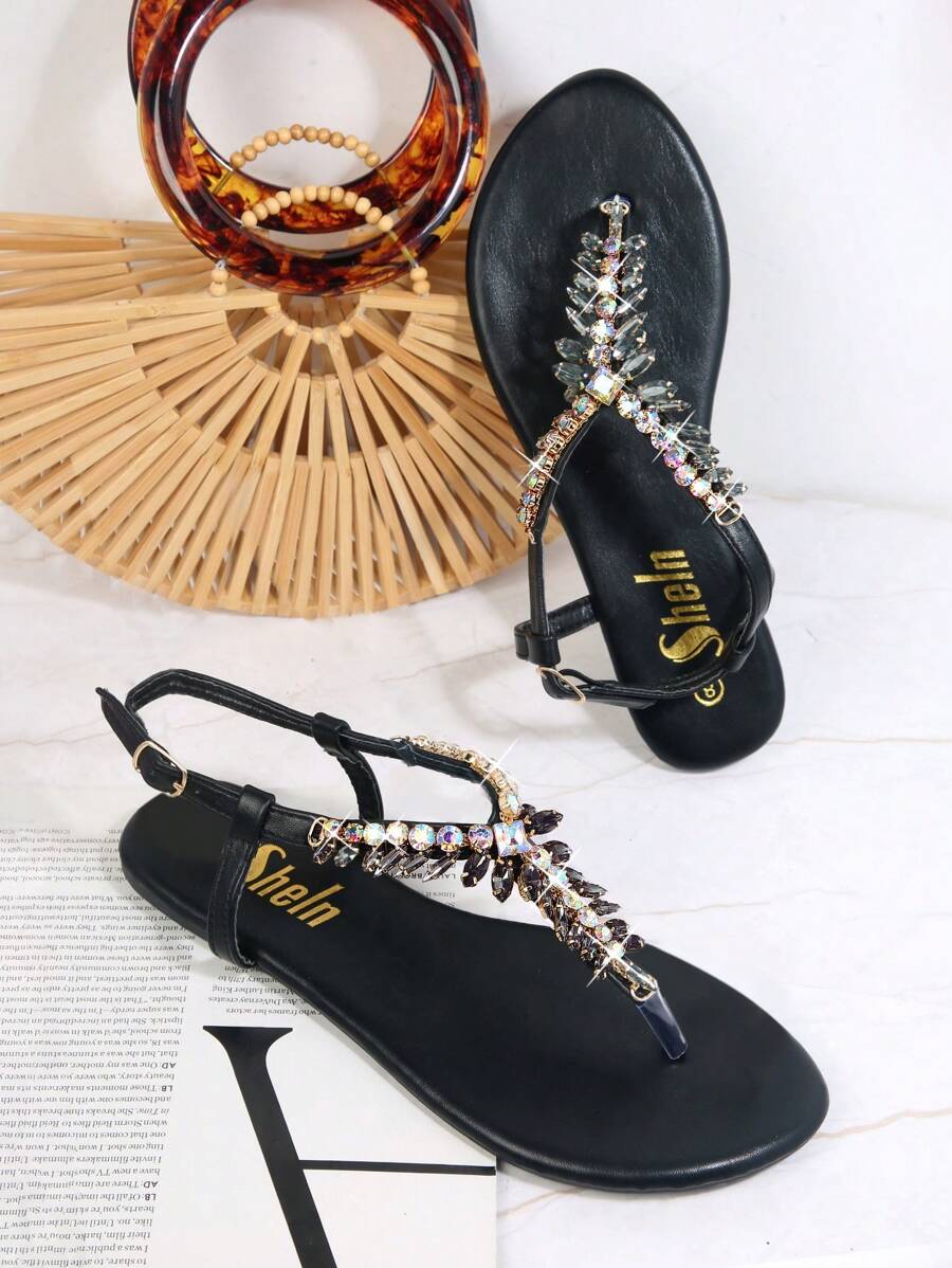 PU Ankle Strap Jeweled Flat Sandals | SHEIN EUR