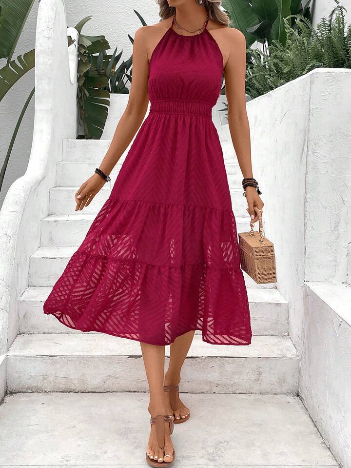 SHEIN VCAY Solid Ruffle Hem Halter Neck Backless Dress | SHEIN UK