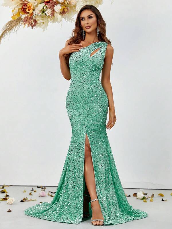 One Shoulder Cut Out Split Thigh Sequin Formal Dress | SHEIN USA