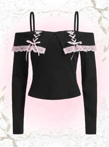 ROMWE Kawaii Lace Up Contrast Lace Cold Shoulder Tee | SHEIN USA
