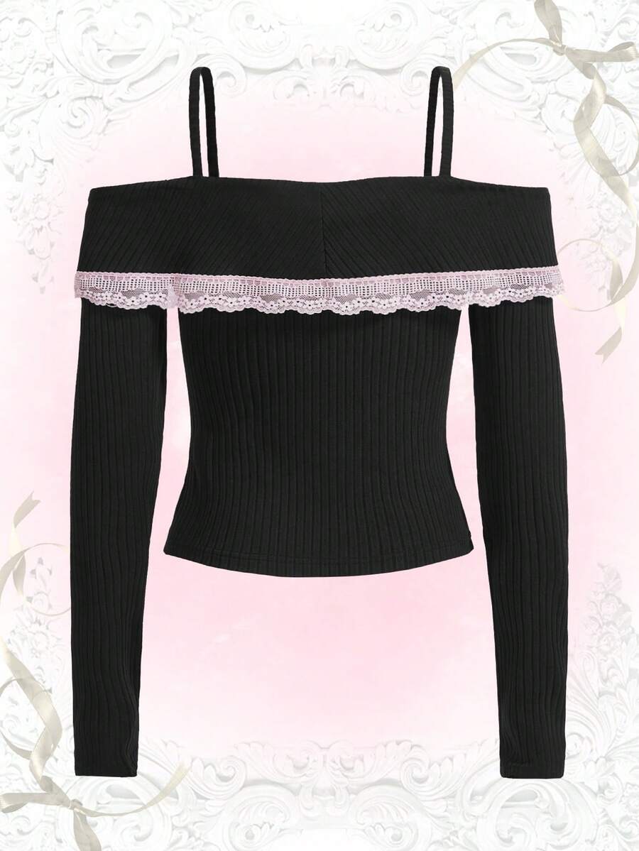ROMWE Kawaii Lace Up Contrast Lace Cold Shoulder Tee | SHEIN USA