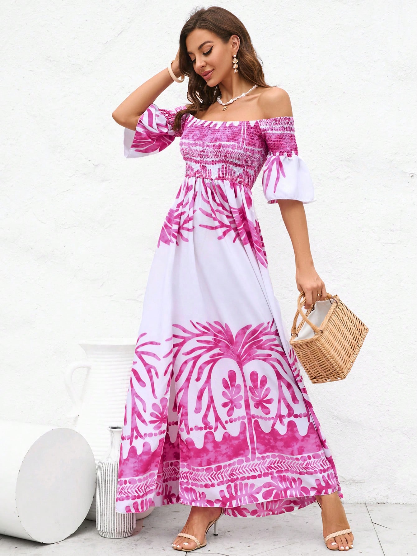 SHEIN VCAY Tropical Print Off Shoulder Split Thigh Dress | SHEIN USA