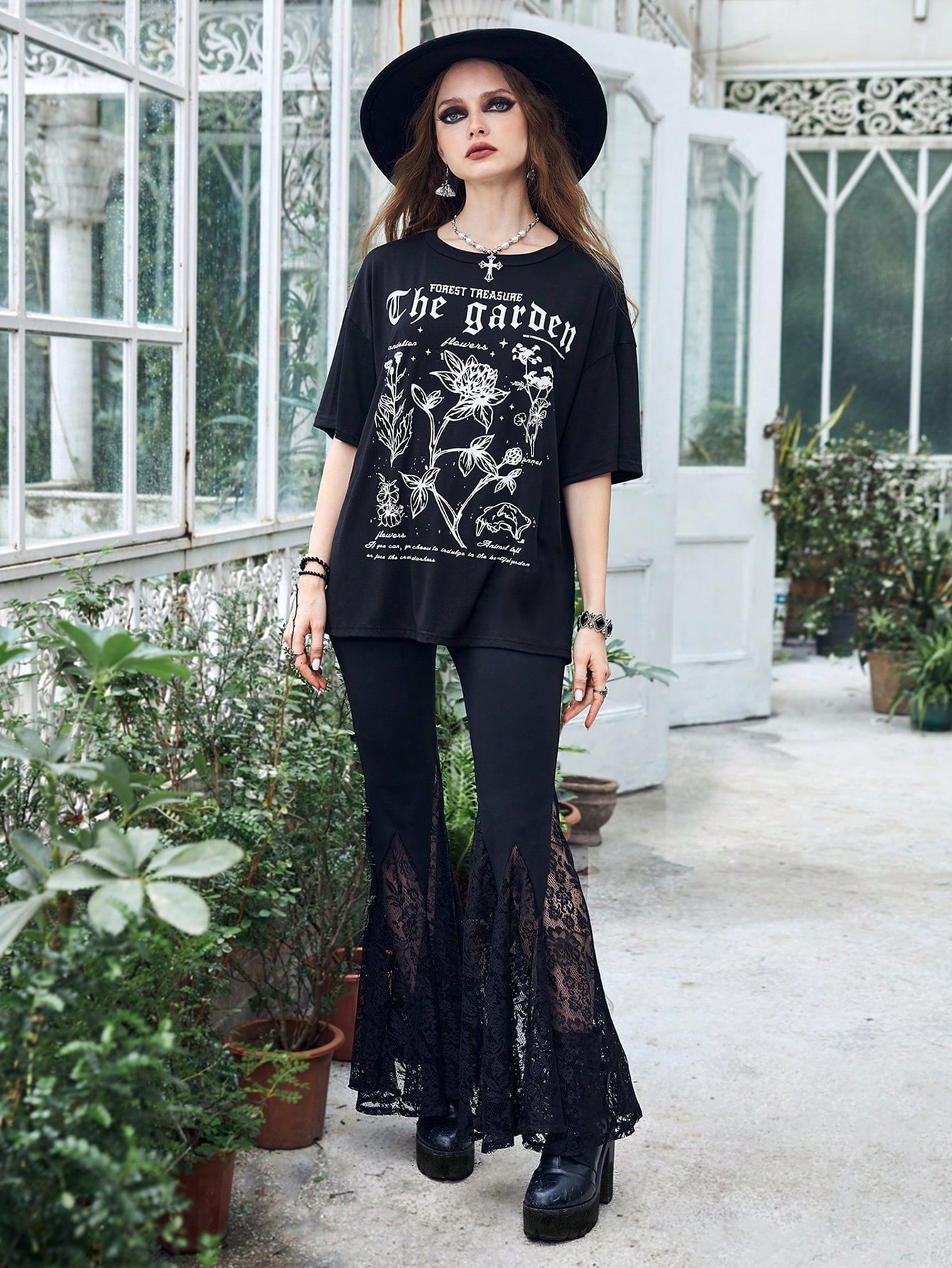 Goth Slogan & Floral Print Drop Shoulder Tee | SHEIN USA