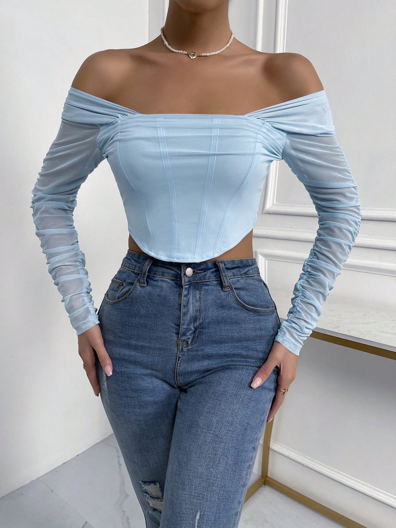 SHEIN Privé Off Shoulder Ruched Mesh Crop Top | SHEIN USA