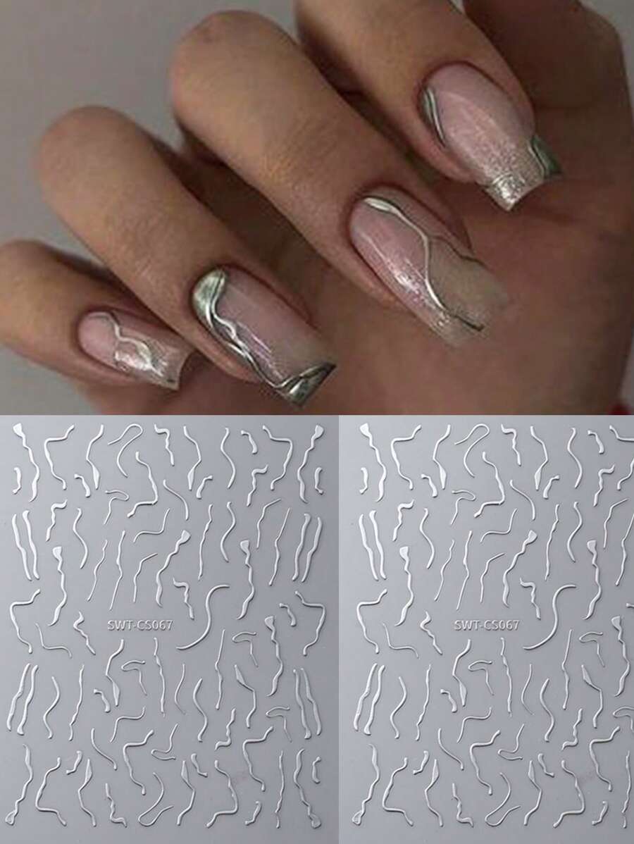 FULL BEAUTY Metallic Linear Nail Art Stickers, 2pcs 3D Silver Stripe ...