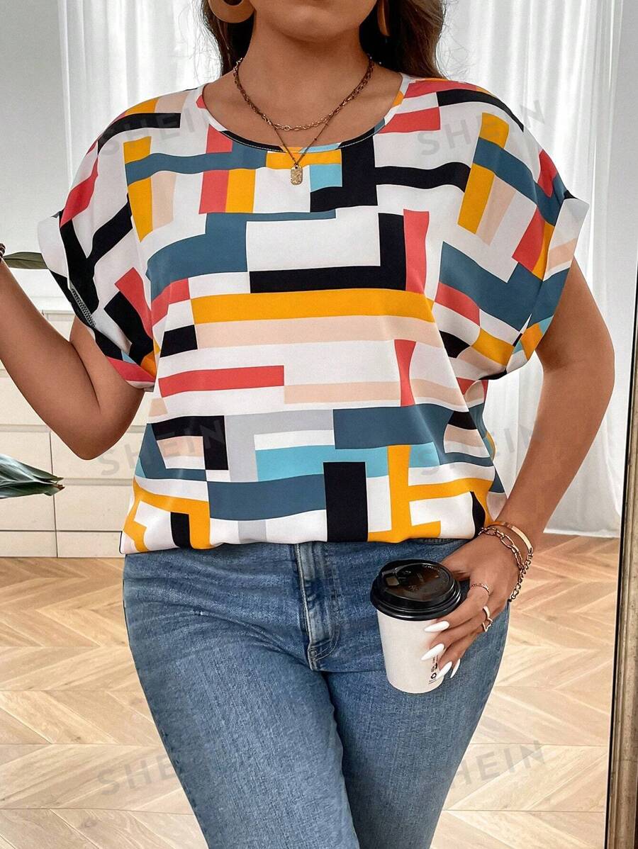 SHEIN LUNE Plus Size Loose Round Neck Casual Basic Denim Look Blue ...