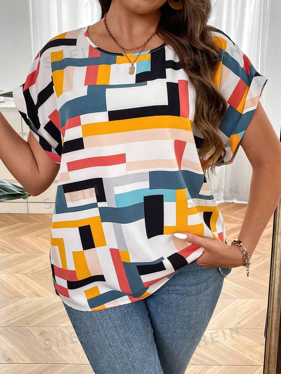 SHEIN LUNE Plus Size Loose Round Neck Casual Basic Denim Look Blue ...