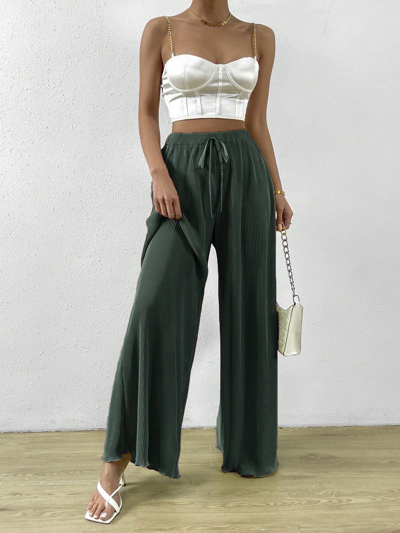 Shein Essnce Solid Knot Waist Wide Leg Pants Shein Usa