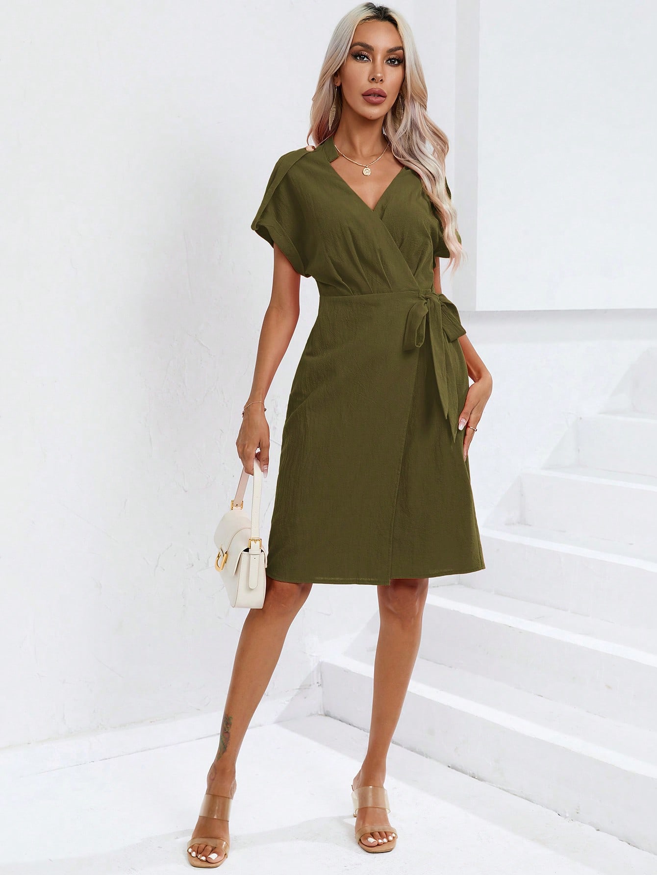 Shein Privé Solid Batwing Sleeve Wrap Knot Side Dress Shein Usa