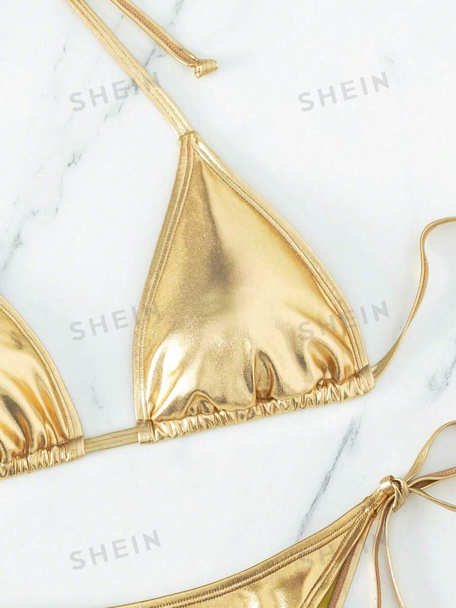 Metallic Halter Triangle Tie Side Bikini Swimsuit Shein Singapore