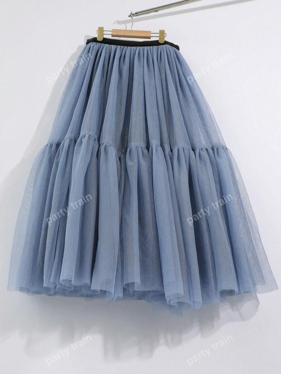 Solid Ruffle Hem Mesh Overlay Skirt | SHEIN USA