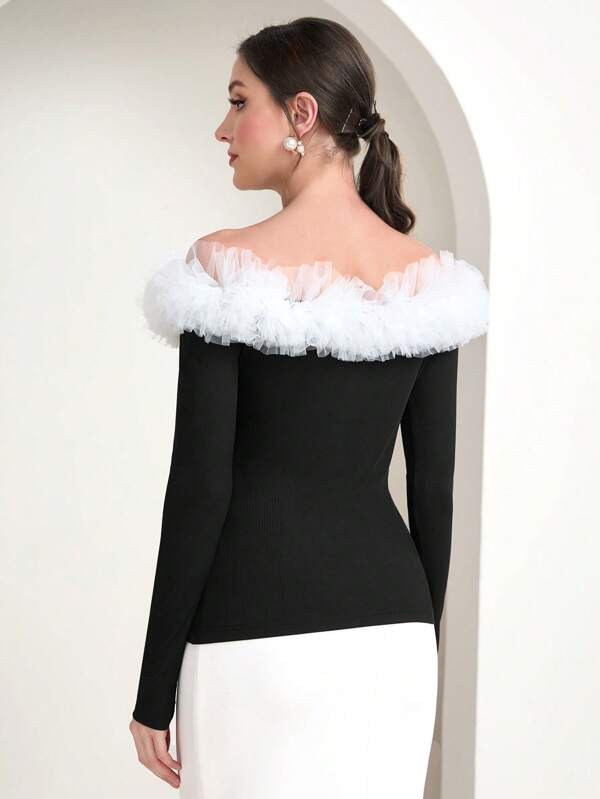 SHEIN X Noha SHEIN Modely Off Shoulder Contrast Mesh Ruffle Trim Tee ...