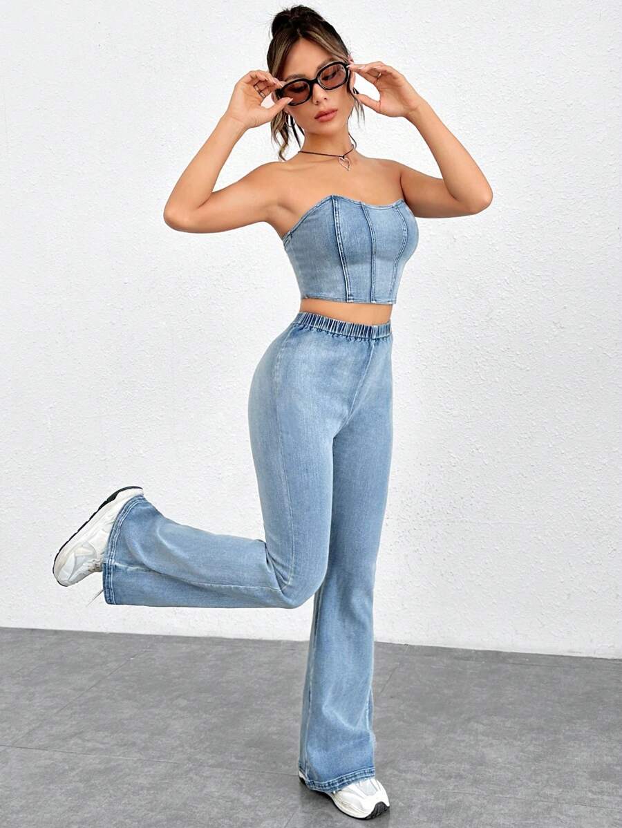 SHEIN EZwear Zip Back Denim Tube Top & Flare Leg Jeans | SHEIN USA