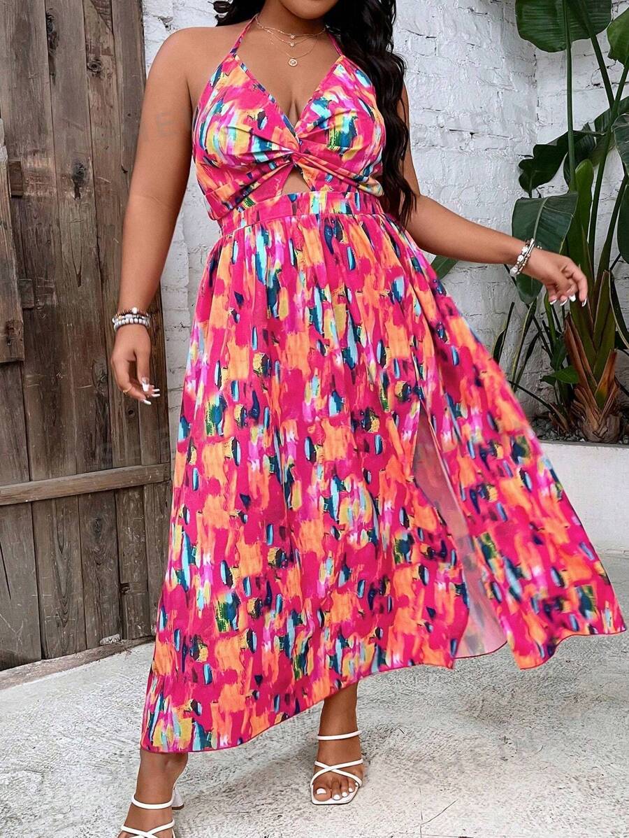 Shein Lune Plus Allover Print Twist Front Split Thigh Cami Dress