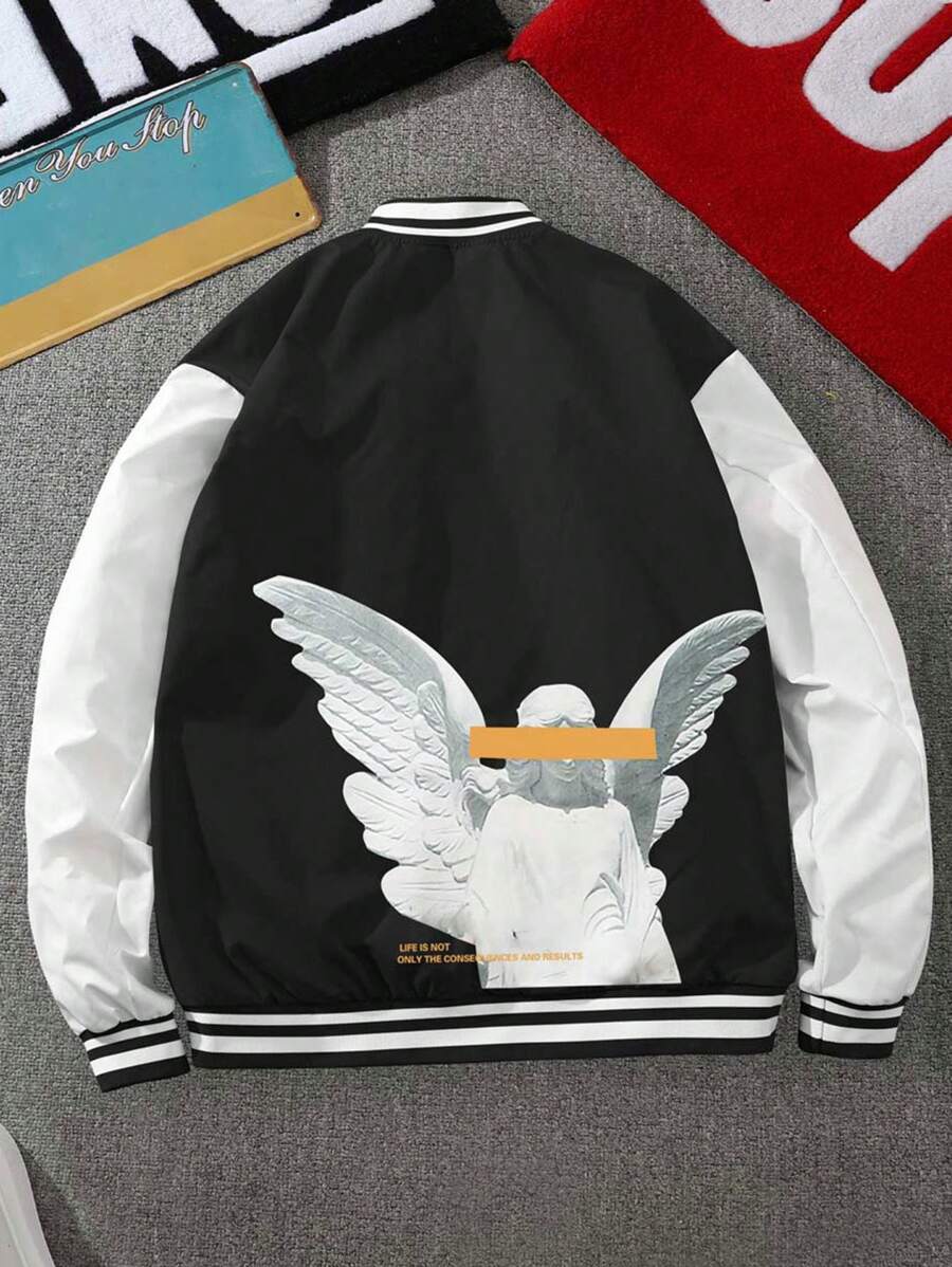 Manfinity Hypemode Men Slogan & Sculpture Print Striped Trim Varsity ...