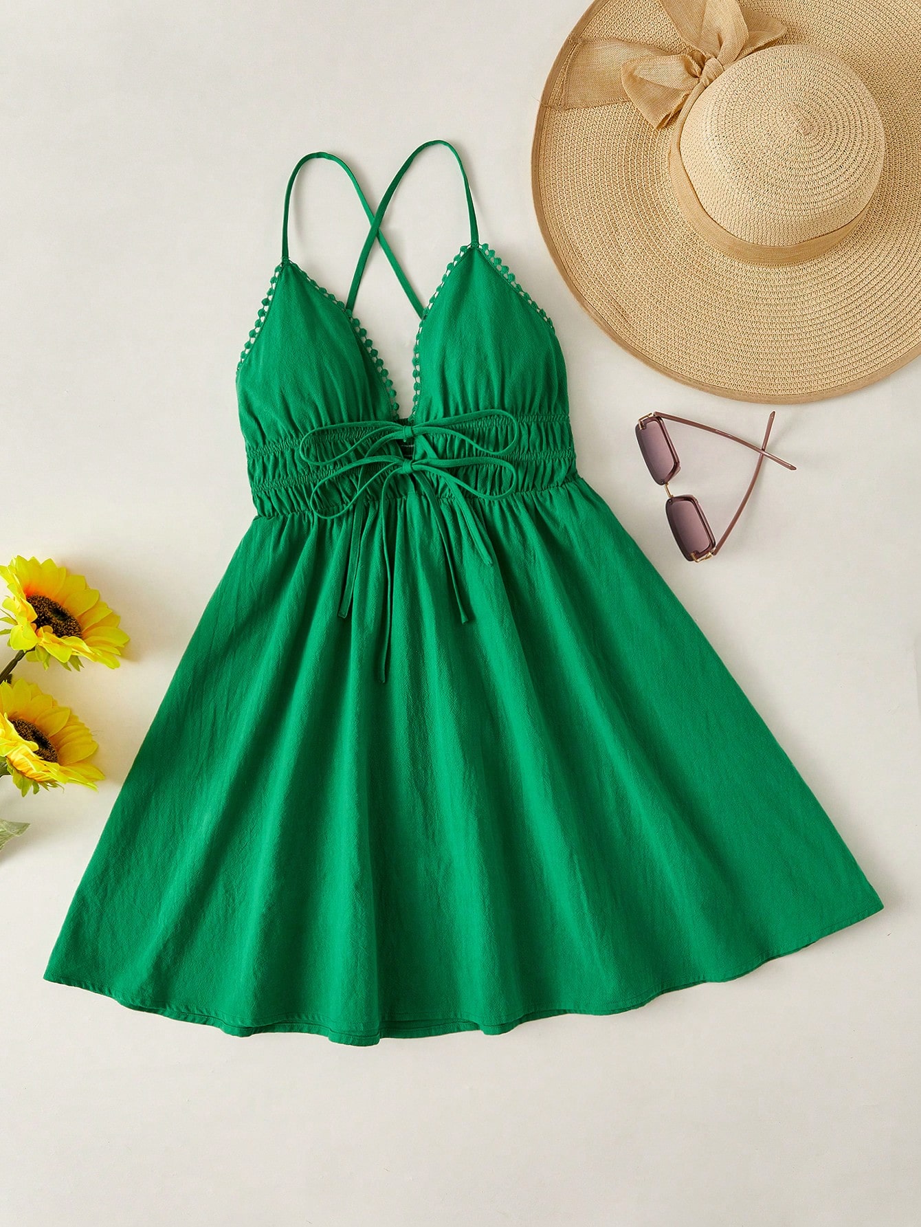 Shein Wywh Solid Ruched Tie Front Cami Dress Shein Usa