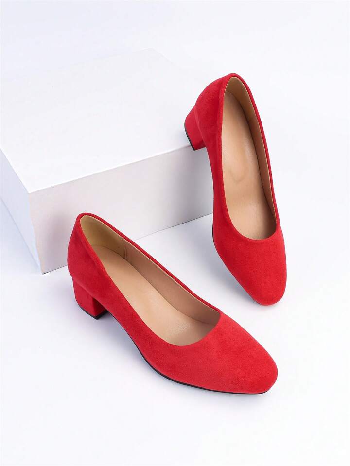 Fashion Red Pumps For Women, Minimalist Chunky Heeled Faux Suede Court ...