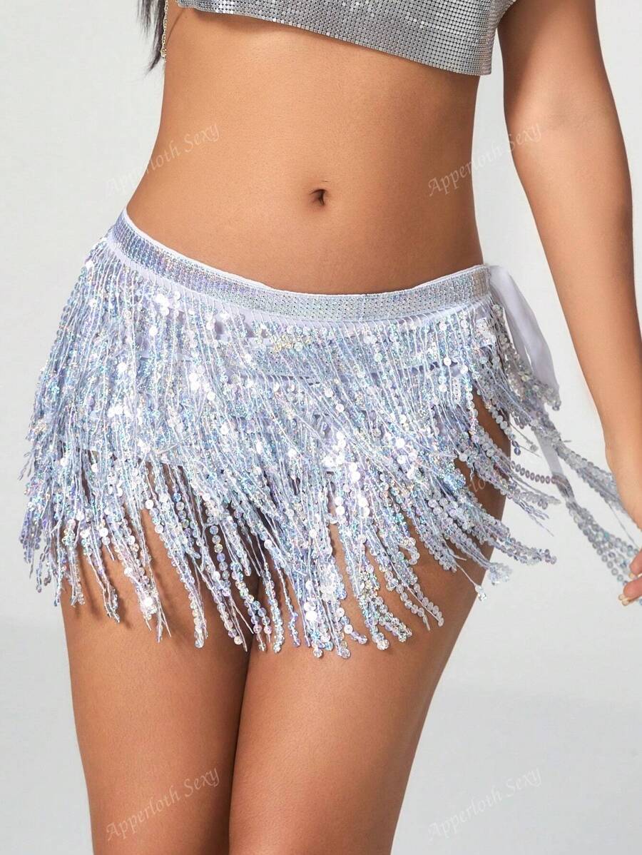 Rave Sexy Hip Scarf Belly Dance Skirt Holographic Sequin Fringe Trim Tie Side Mini Skirt For ...