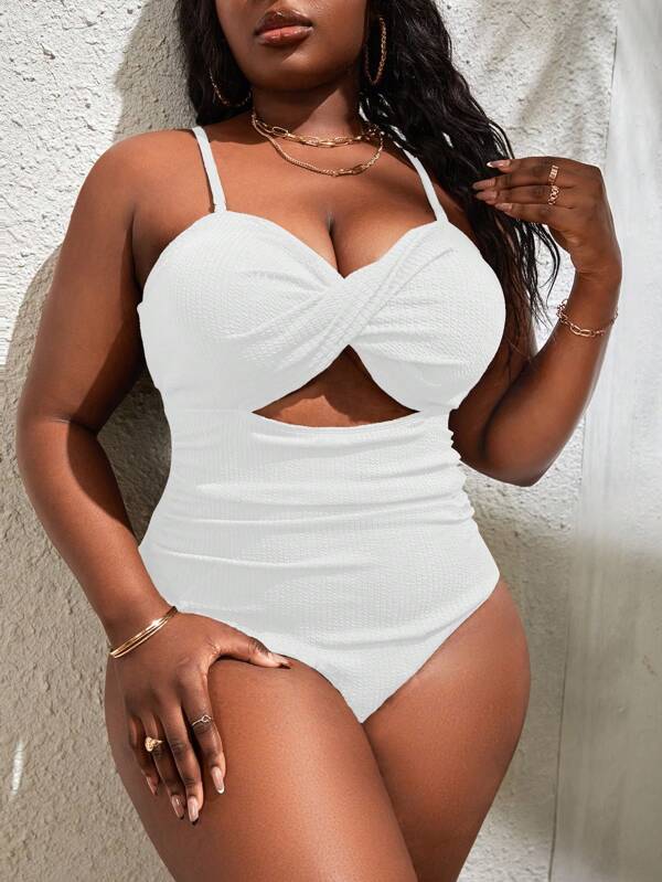 Shein Swim Basics Plus Twist Front Cut Out Ruched Side Cami One Piece