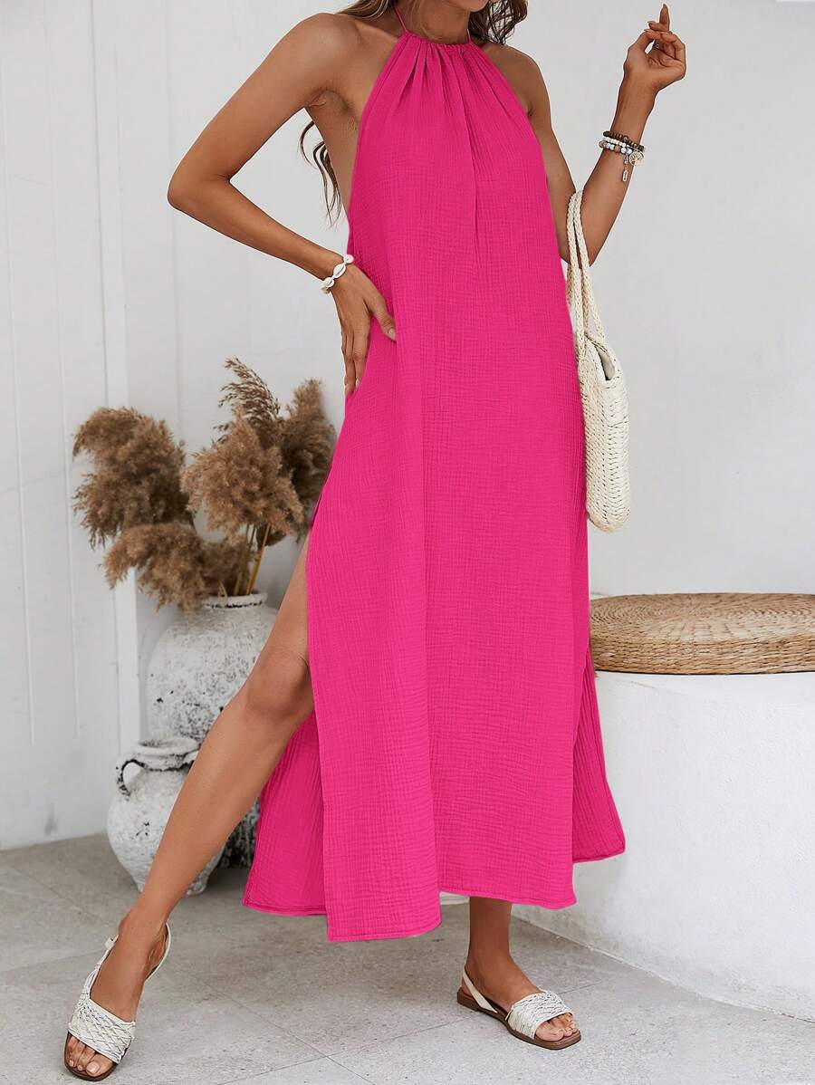 SHEIN VCAY Solid Split Thigh Halter Backless Dress | SHEIN USA