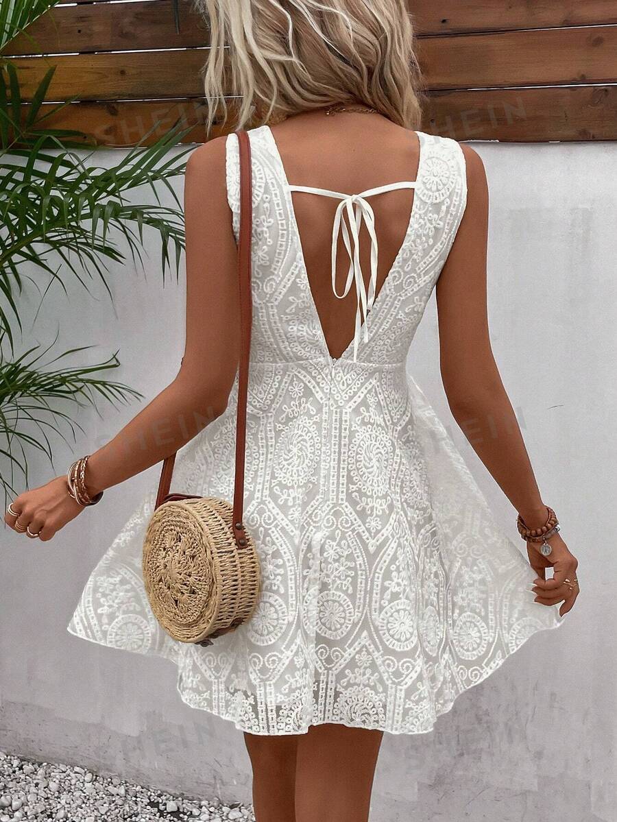 SHEIN Frenchy Solid Lace A-line Dress | SHEIN USA