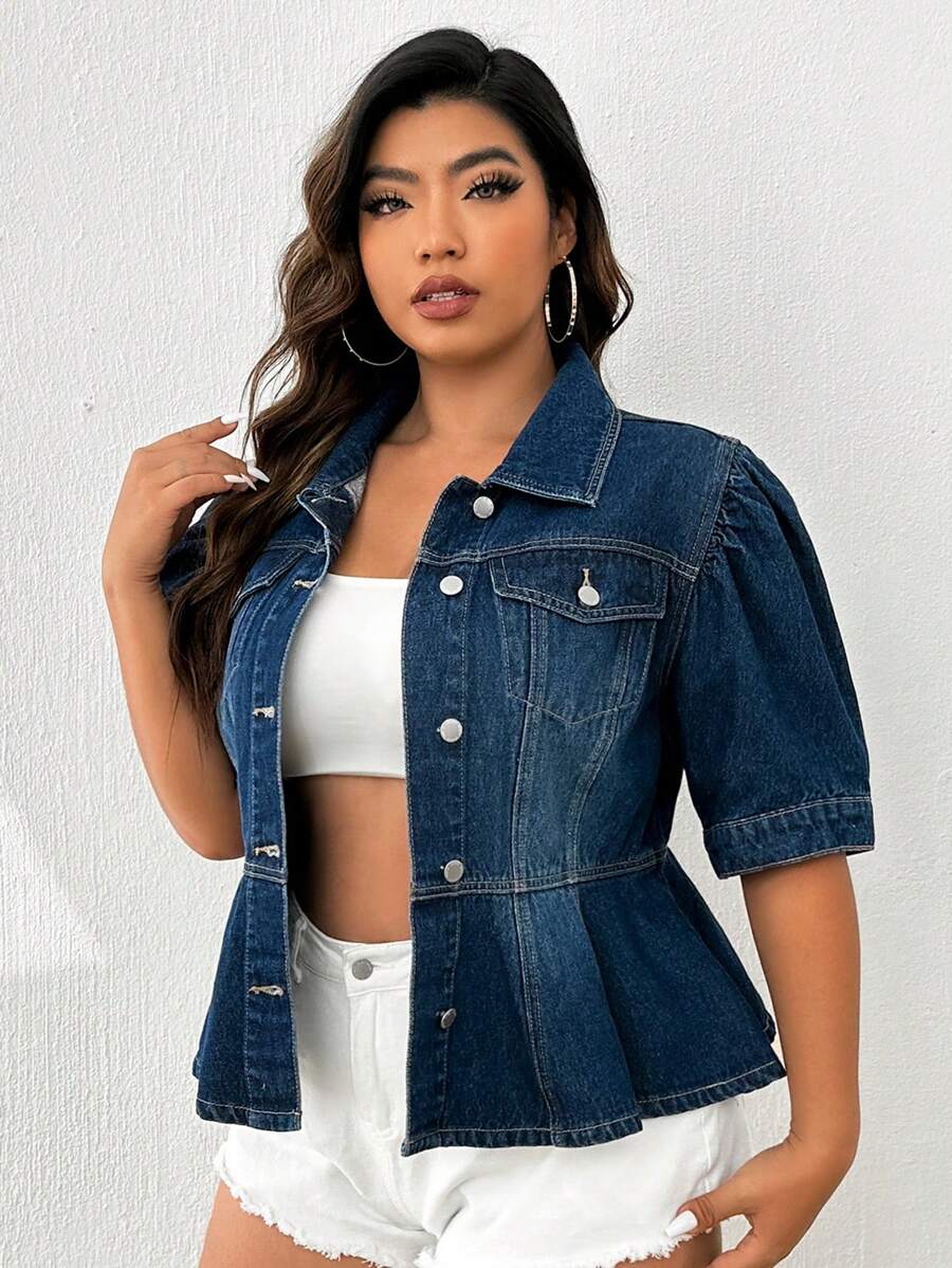 SHEIN Plus Puff Sleeve Peplum Denim Jacket | SHEIN USA