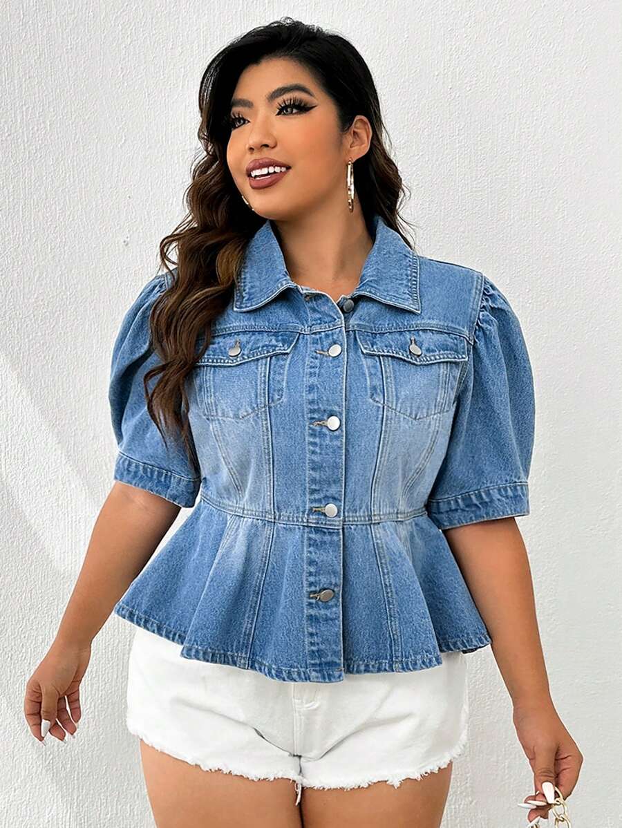 SHEIN Plus Puff Sleeve Peplum Denim Jacket | SHEIN USA