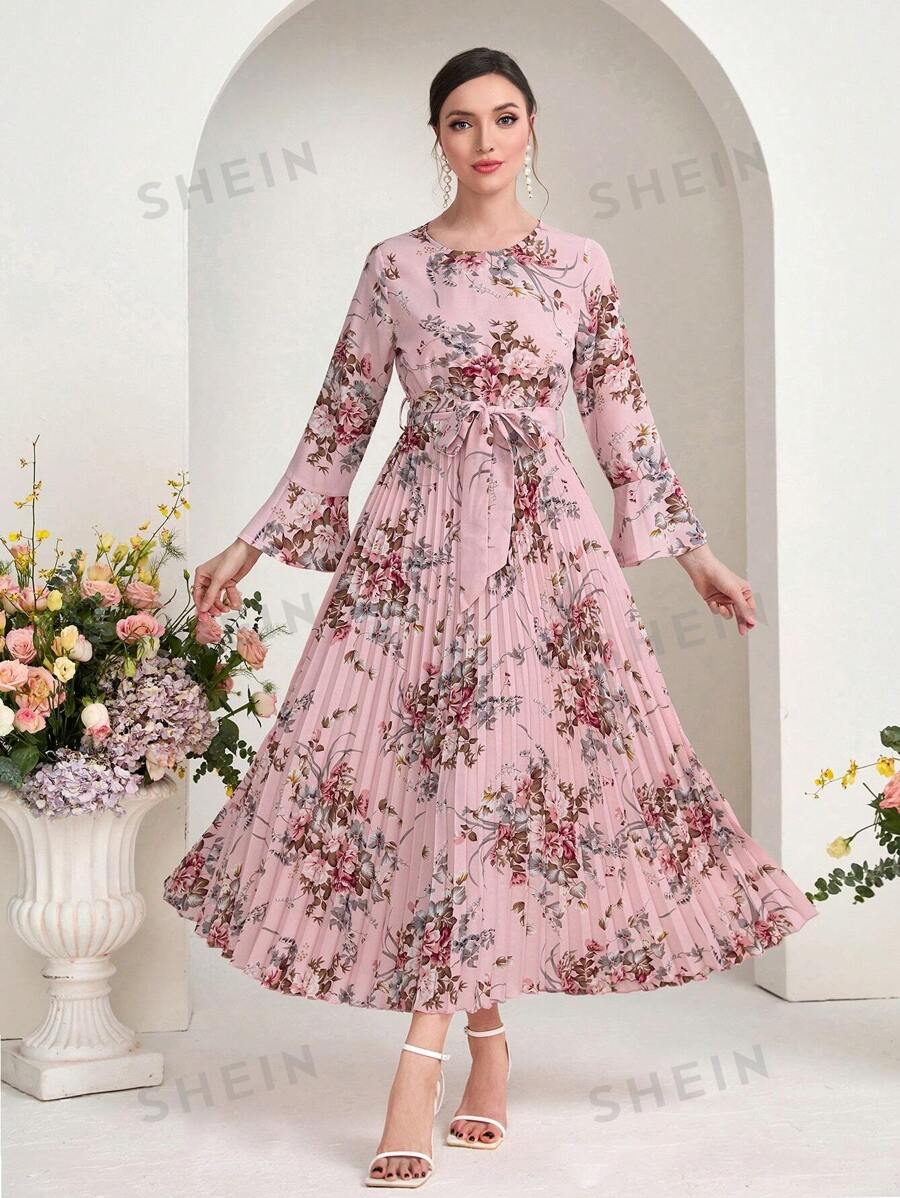 SHEIN Modely Floral Print Flounce Sleeve Pleated Hem Belted Dress | SHEIN USA