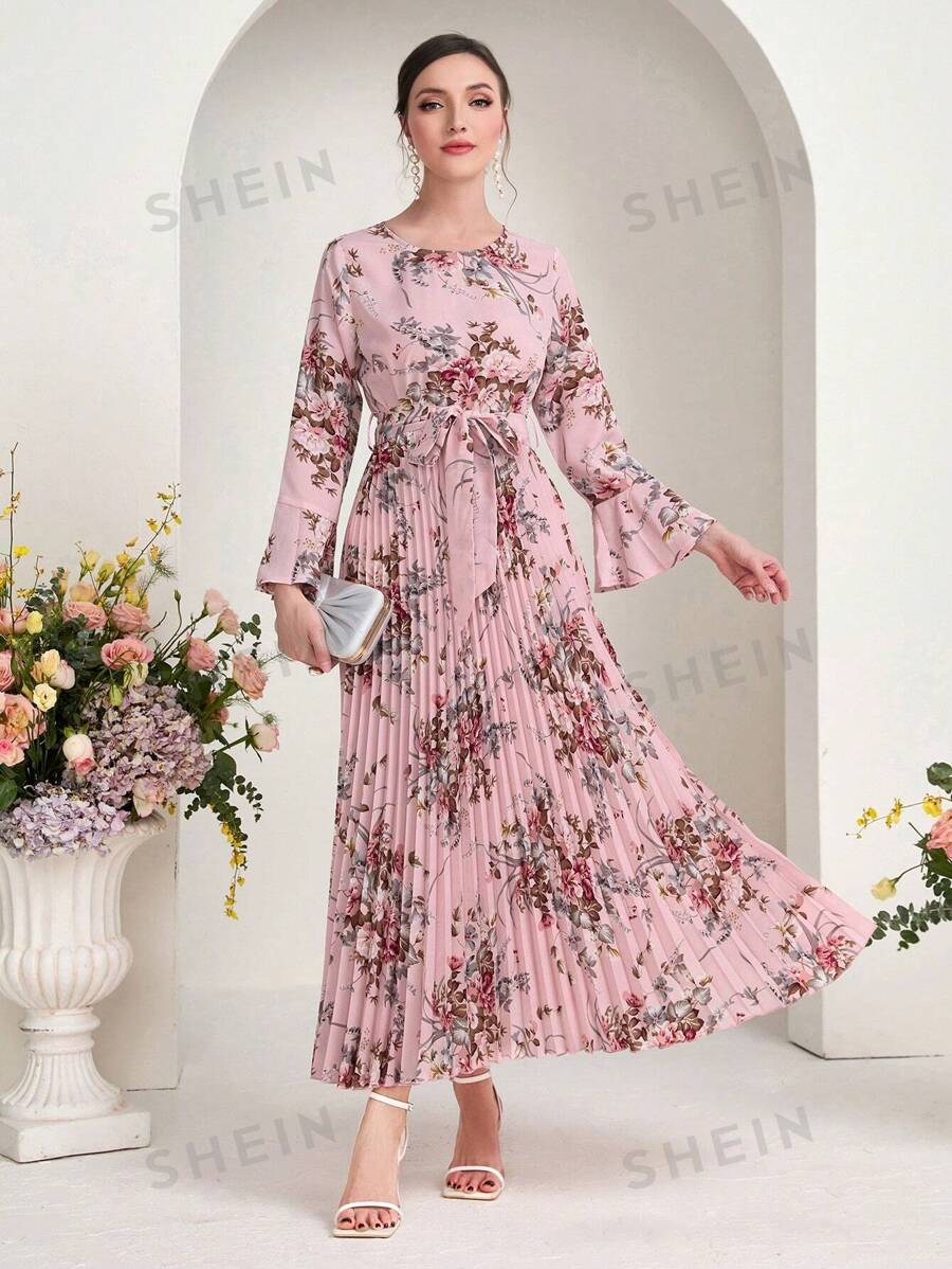 SHEIN Modely Floral Print Flounce Sleeve Pleated Hem Belted Dress | SHEIN USA