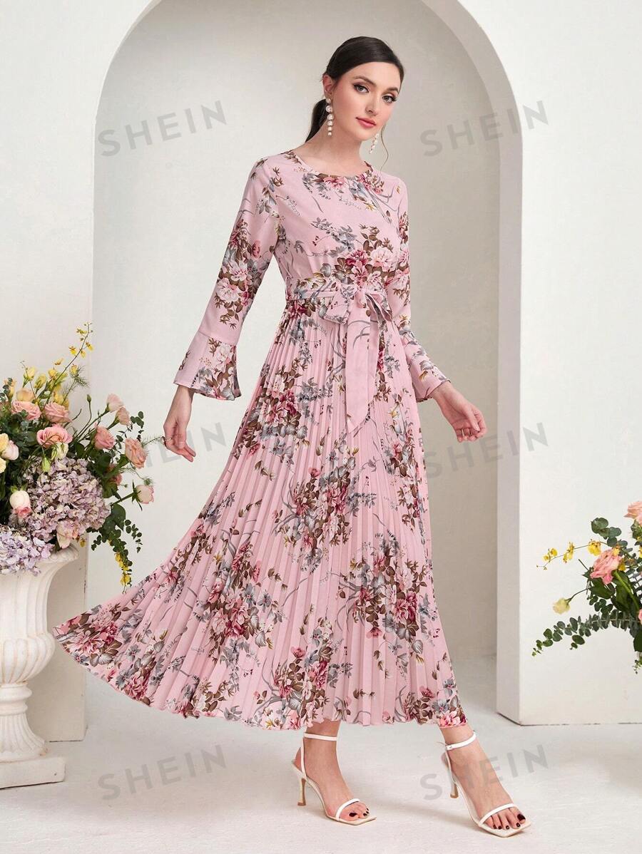 SHEIN Modely Floral Print Flounce Sleeve Pleated Hem Belted Dress | SHEIN USA