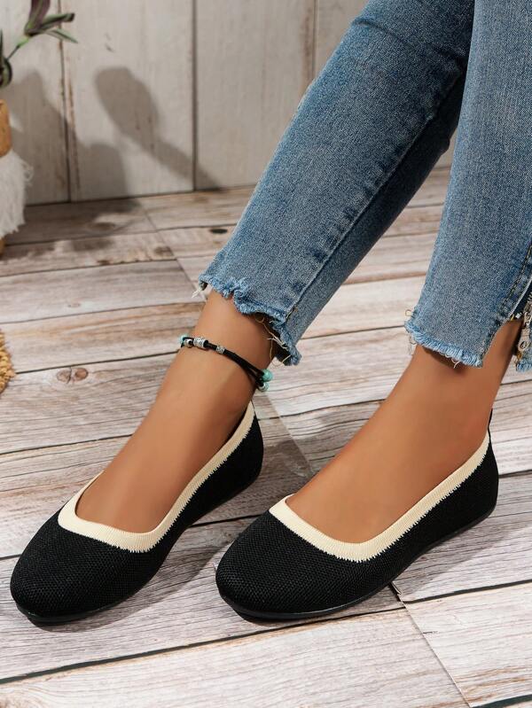 Women Contrast Trim Ballet Flats, Elegant Black Fabric Flats | SHEIN USA
