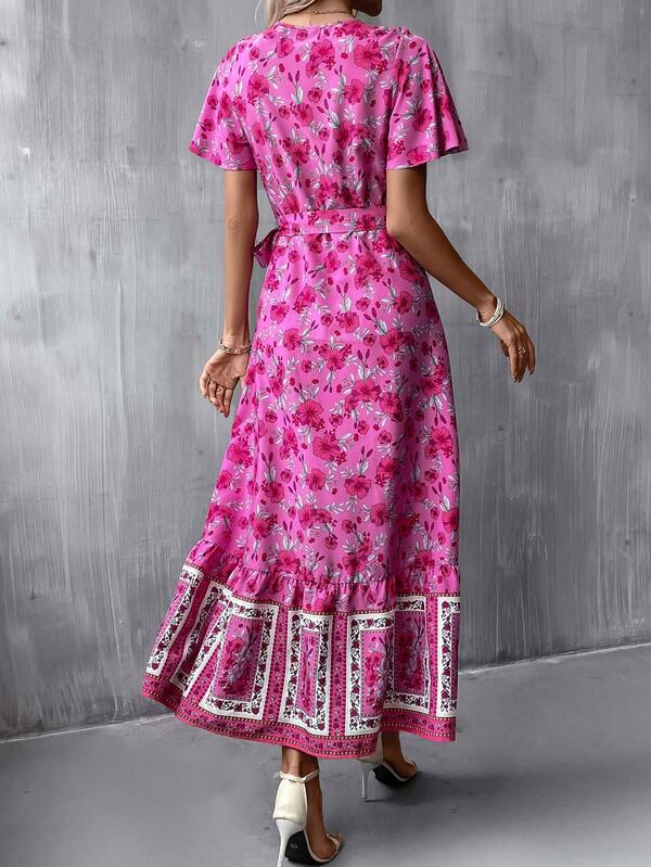 Shein Vcay Floral Print Butterfly Sleeve Knot Side Wrap Dress Shein Usa