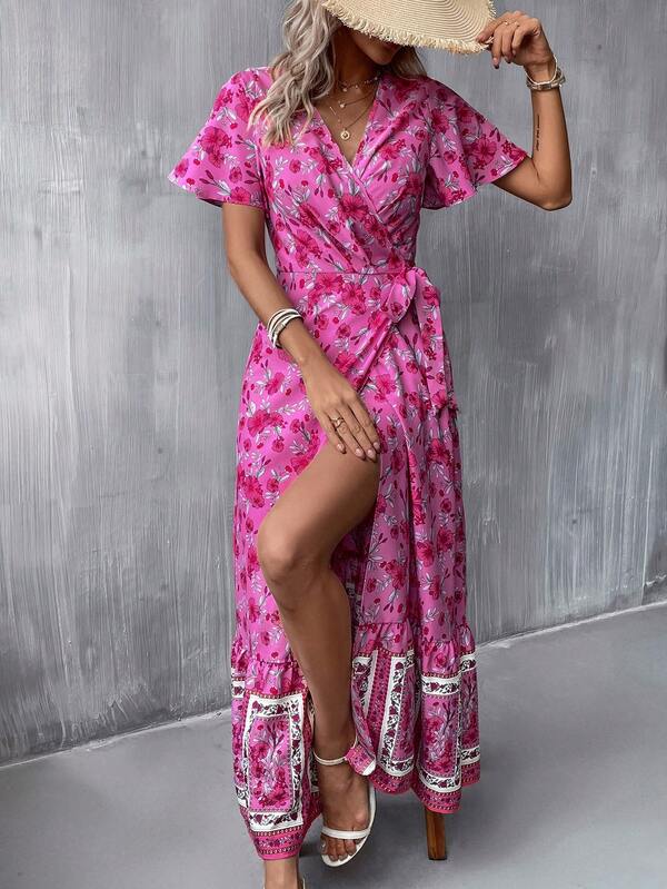 Shein Vcay Floral Print Butterfly Sleeve Knot Side Wrap Dress Shein Usa