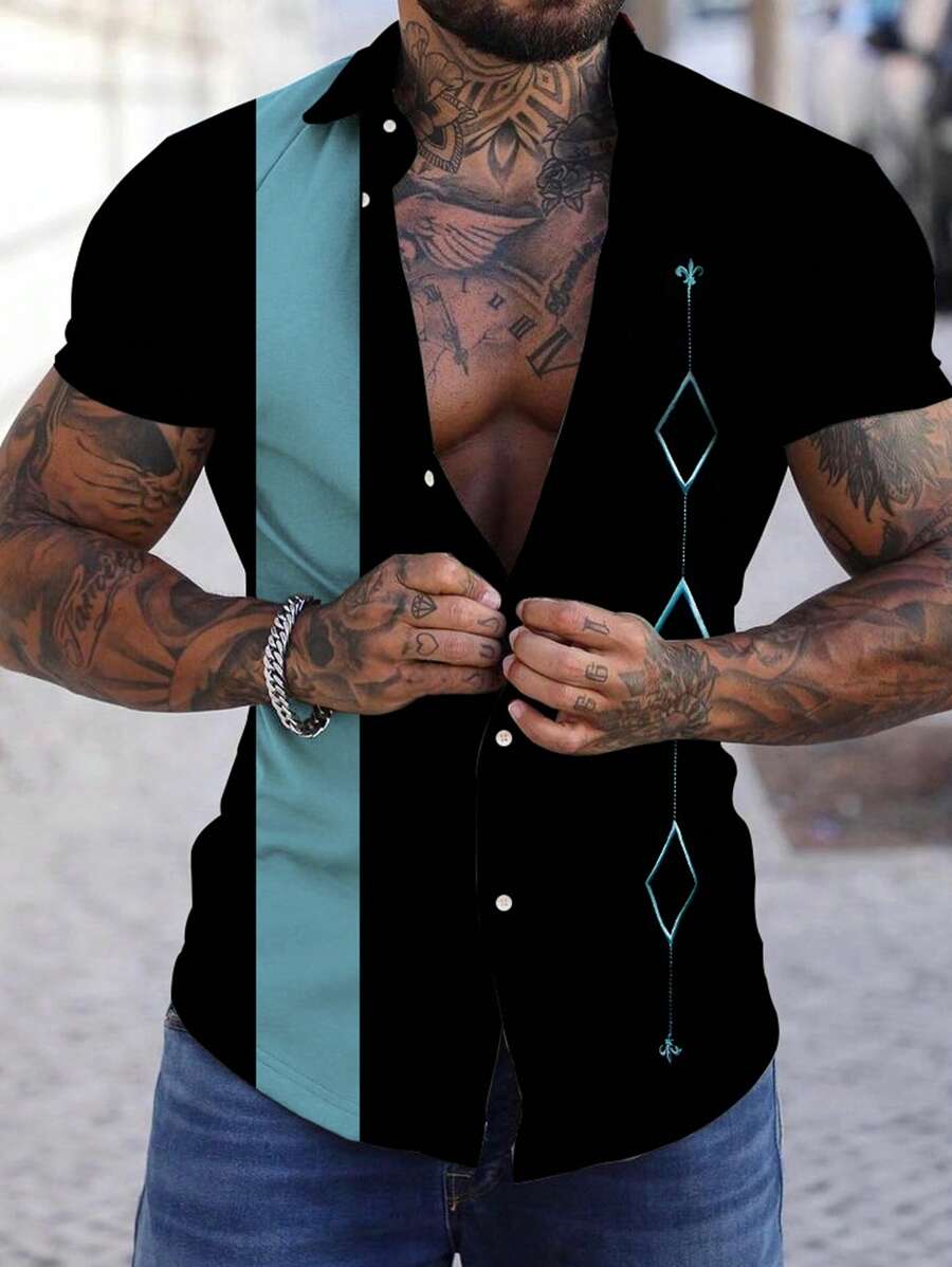 Manfinity Homme Men Geo Print Colorblock Button Up Shirt | SHEIN Singapore