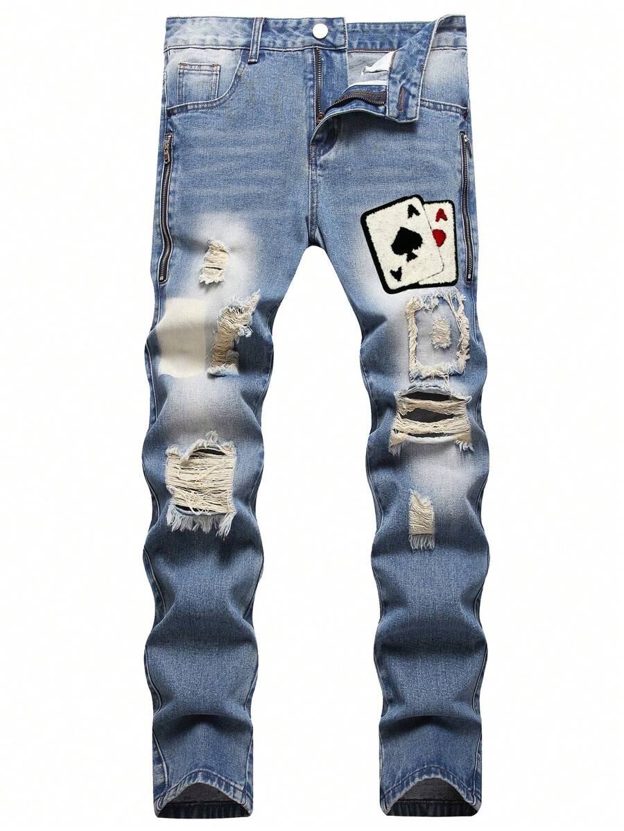 Men Cotton Playing Card Patched Bleach Wash Ripped Frayed Rag Stitching ...