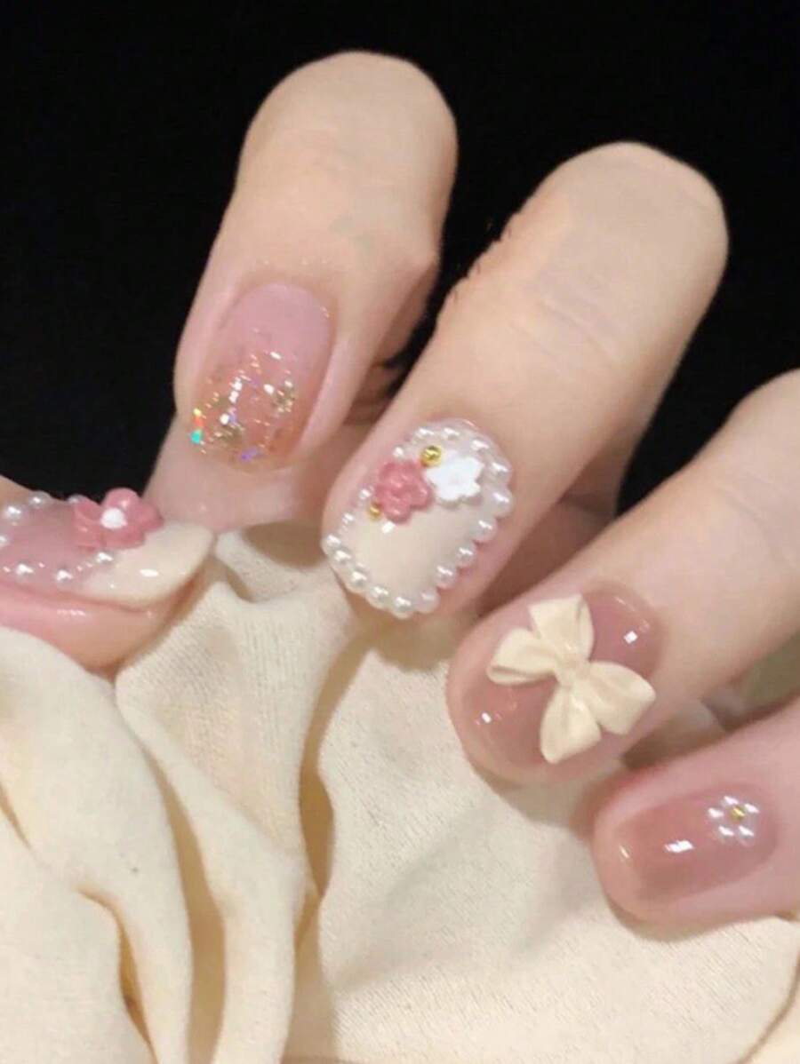 Upgrade Your Look With 24pcs Lovely Short Square Faux Pearl & Bow Decor ...